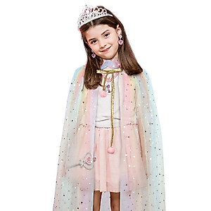 Fedio Princess Cape Set 7 Pieces Girls Princess Cloak with Tiara Crown, Wand for Little Girls Dress up (Rainbow)