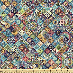 Ambesonne Bohemian Material Fabric by The Yard, Geometric Pattern Ornamental Boho Floral Folk Art Abstract, Accent for Curtains Dog Beds and Pillow Shams Decorative DIY Home Project, 1 Yard, Blue Cream