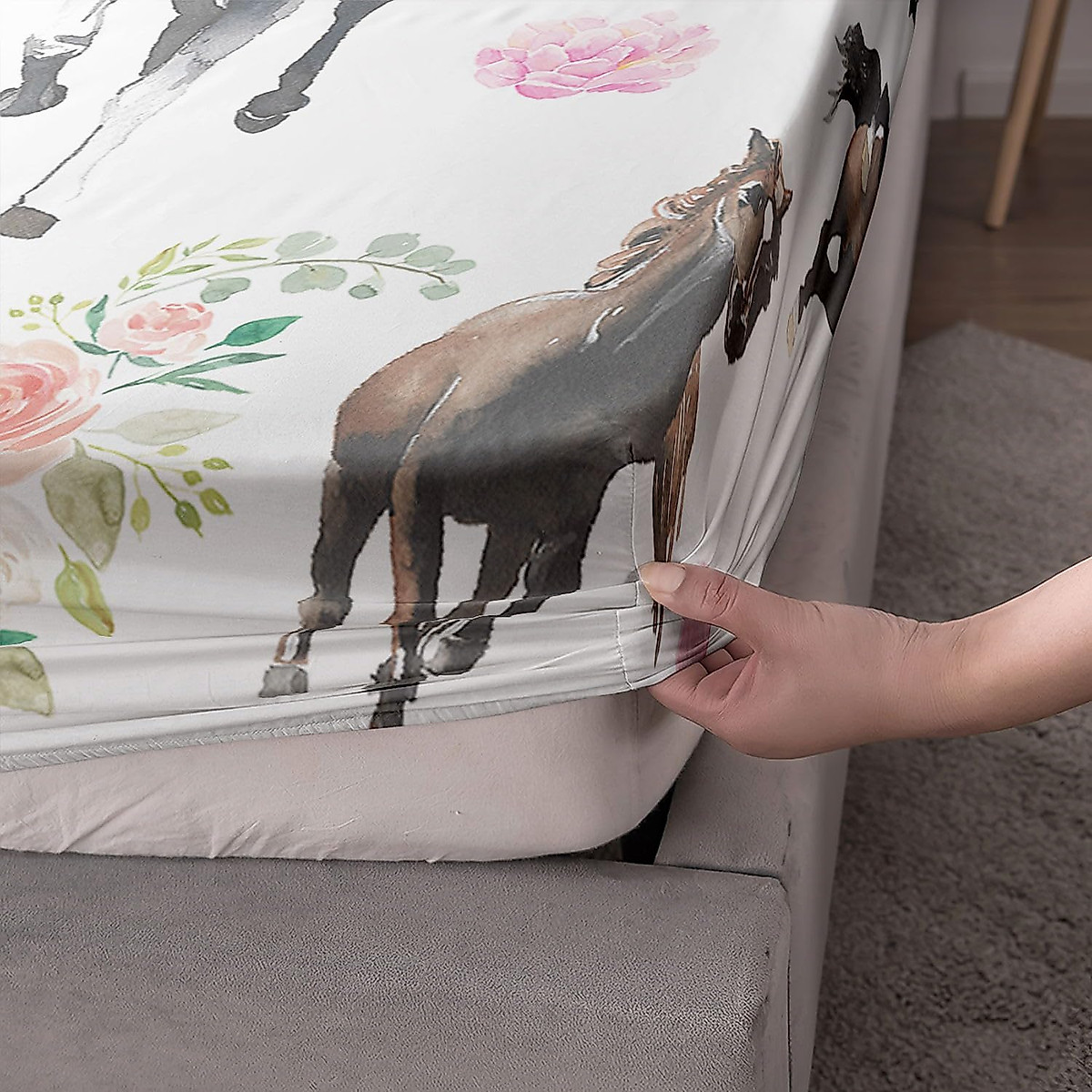 Smell Sunshine Horses Sheets Set 4Pcs for Kids,Horses Flowers Printed Sheet Set with 1 Flat Sheet and 1 Fitted Sheet + 2 Pillowcases(Horses Flowers Full)