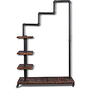 Diwhy Industrial Pipe Clothing Rack 4 Layers Pine Wood Shelving Shoes Rack With Wheels Cloth Hanger Household Shoe Rack Pipe Shelf Garment Racks