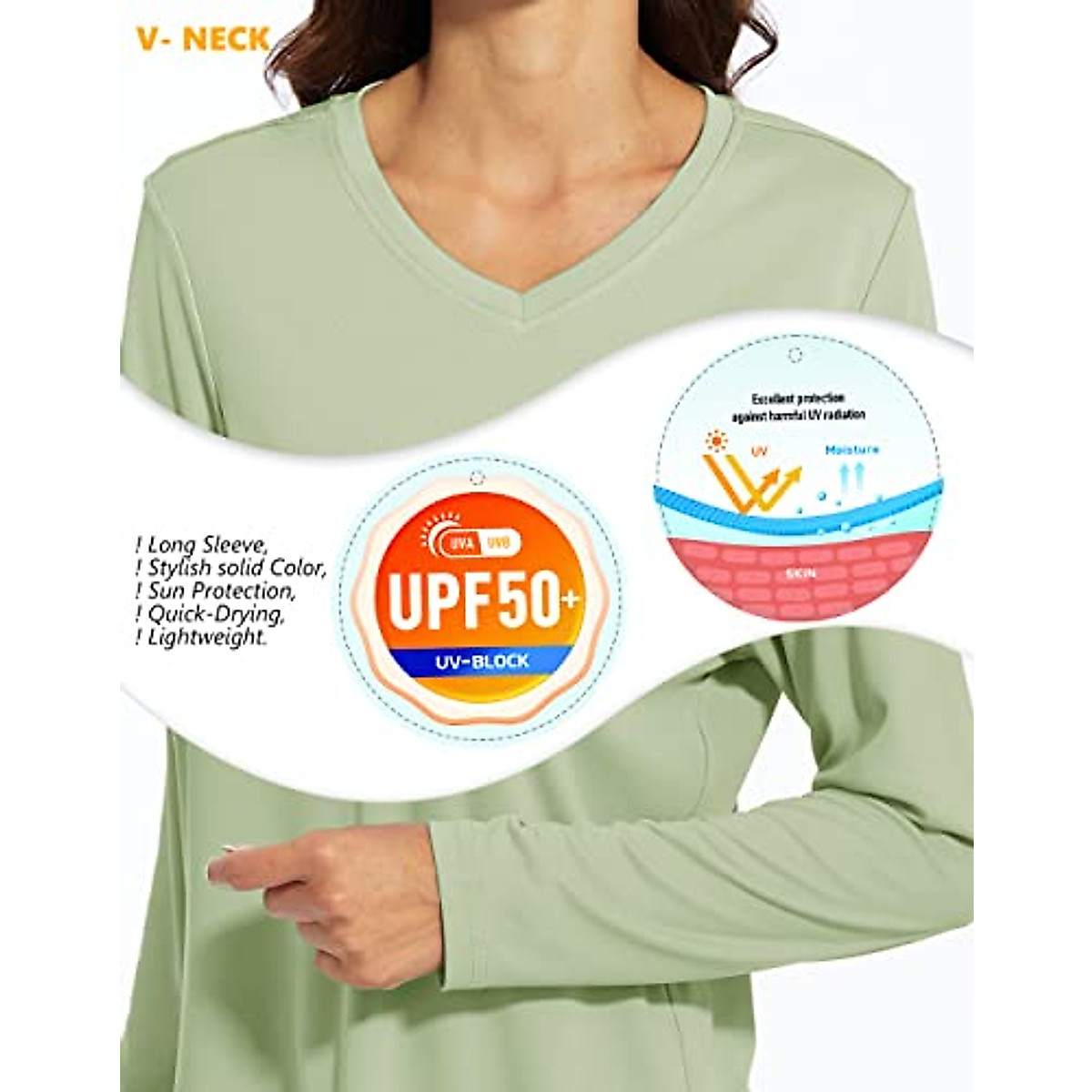 TACVASEN Women T Shirts Long Sleeve Sun Protection Shirts V Neck Workout Shirts Running Shirts UPF 50+ Shirts Hiking Shirts Quick Dry Athletic Shirts Rash Guard Gym T-Shirt Light Green