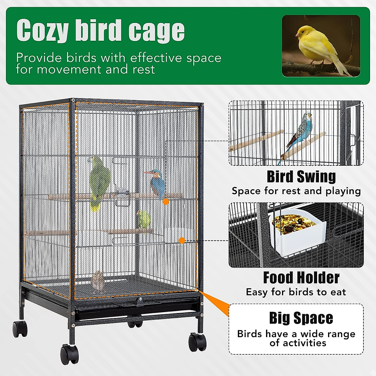 BestPet 35 inch 53 inch Wrought Iron Bird Cage with Play Open Top and Rolling Stand,Large Parrot Cage Bird Cages for Parakeets,Cockatiel, Canary, Finch, Lovebird, Parrotlet,Pigeons (35 inch)