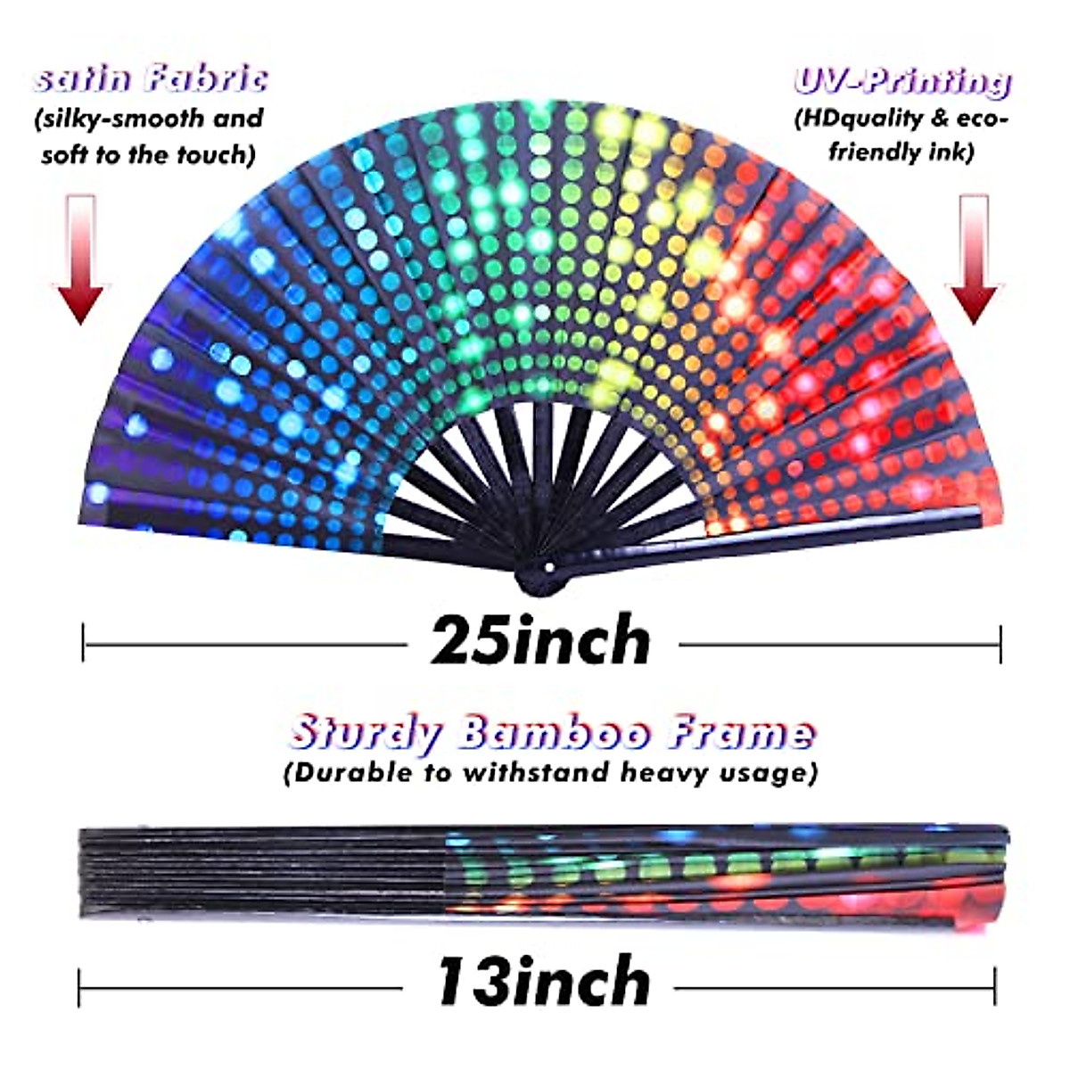 Gionforsy 2pcs Rave Hand fan Bamboo Holding Hand Fan Large Folding Fan with Bright Color Fabric Folding Fan for Festival (Style-2)