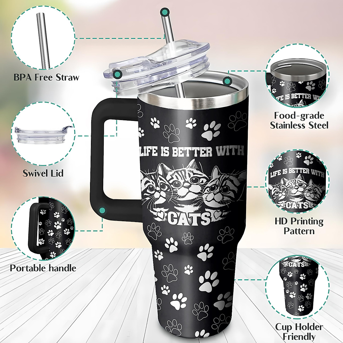 40 Oz Black Cat Tumbler With Handle and Straw, Double Wall Stainless Steel Insulated Mug for Cat Lovers, Mom or Dad - Cups Gifts for Women