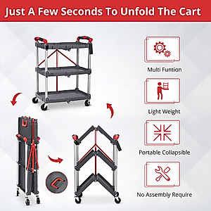 Towallmark Portable Folding Service Cart, 3 Tier Folding Utility Cart, Collapsible Utility Carts for Office, Warehouse, and Home, 56 Lbs Load Capacity per Shelf (Grey & Red)