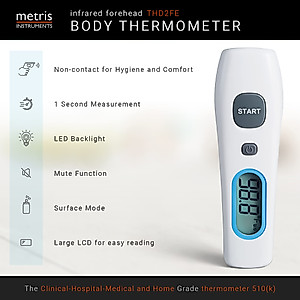 Metris Instruments Digital Forehead Thermometer for Adults and Kids, Touchless No Contact Infrared Temperature Sensor, Professional and Home Use, Model THD2FE