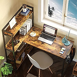 Rolanstar Computer Desk with Storage Shelves 47", Home Office Desk with 4-Tier Reversible Bookshelf, Rustic Writing Table Workstation, Study Corner Desk for Small Space, Rustic Brown