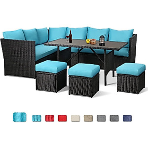 AECOJOY Patio Furniture Set, 7 Pieces Outdoor Patio Furniture with Dining Table&Chair, All Weather Wicker Conversation Set with Ottoman and Patio Set Cover, Blue