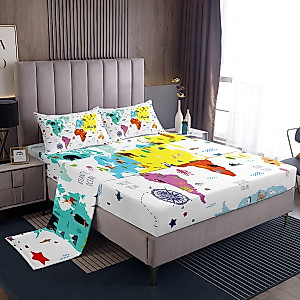 jejeloiu Word Map Bed Sheets Set America Map Pattern Sheet Set for Kids Boys Children Europe Map Printed Sheets with Deep Pocket Fitted Sheet Ultra Soft Decor Teaching Tool Bedding Set Full Size
