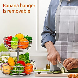 Bextcok 2 Tier Fruit Basket, Vegetables Fruit Bowl Storage with Banana Holder Hanger Hook Stand Organizer for Kitchen Countertop Counter (Double painted silver)