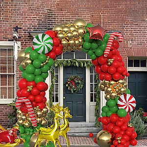 Christmas Balloon Garland Arch Kit, Christmas Reindeer Foil Balloons Kit with Red Green Gold Balloons Candy Foil Balloons Candy Cane Balloons Red Star Balloons for Xmas New Year Party Decorations