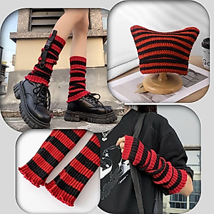 Lafaguw 5 PCS Y2k Beanie Hats for Women, Cute Knitted Striped Arm Warmers Leg Warmers 80s Crochet Cat Ear Beanie Accessories