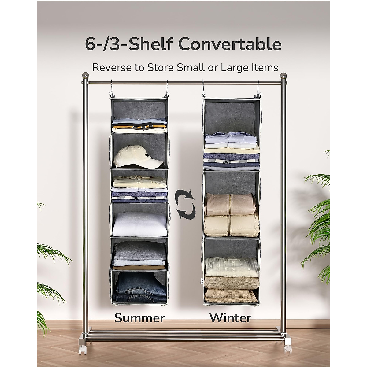 ULG 1 PC Hanging Closet Organizer, 3-in-1 to 6-in-1 Reversible Closet Hanging Shelves with 6 Side Pockets for Wardrobe Clothes Sweater Storage, Foldable, Dark Gray