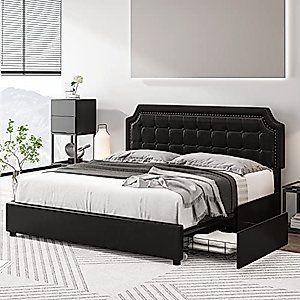 Keyluv King Size Bed Frame with 4 Drawers, Upholstered Platform Storage Bed with Curved Button Tufted Headboard with Nailhead Trim, Solid Wooden Slats Support, No Box Spring Needed, Black