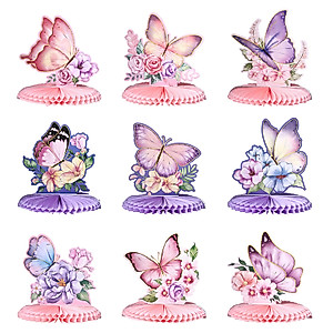 9 Pieces Butterfly Centerpieces for Tables Butterfly Birthday Party Decorations Butterfly Honeycomb Table Centerpiece for Baby Shower WeddingButterfly Themed TableSpring Summer Garden Party Decor (9)