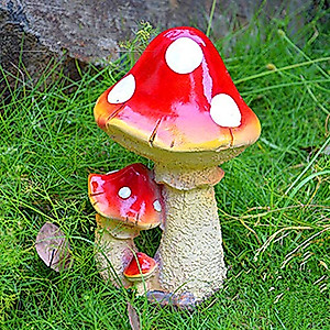 9 Inch Three-Headed Mushroom Garden Statue Perfect for Decoration for Garden, Outdoor, Patio (Red)