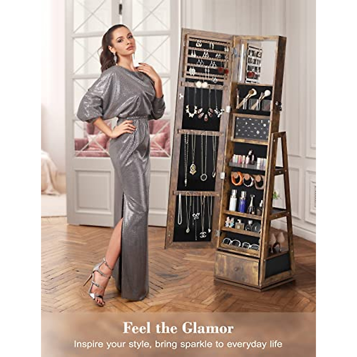 Nicetree 360° Swivel Jewelry Cabinet with Lights, Touch Screen Vanity Mirror, Rotatable Full Length Mirror with Jewelry Storage, Locking Jewelry Armoire Organizer, Foldable Makeup Shelf, Rustic Brown