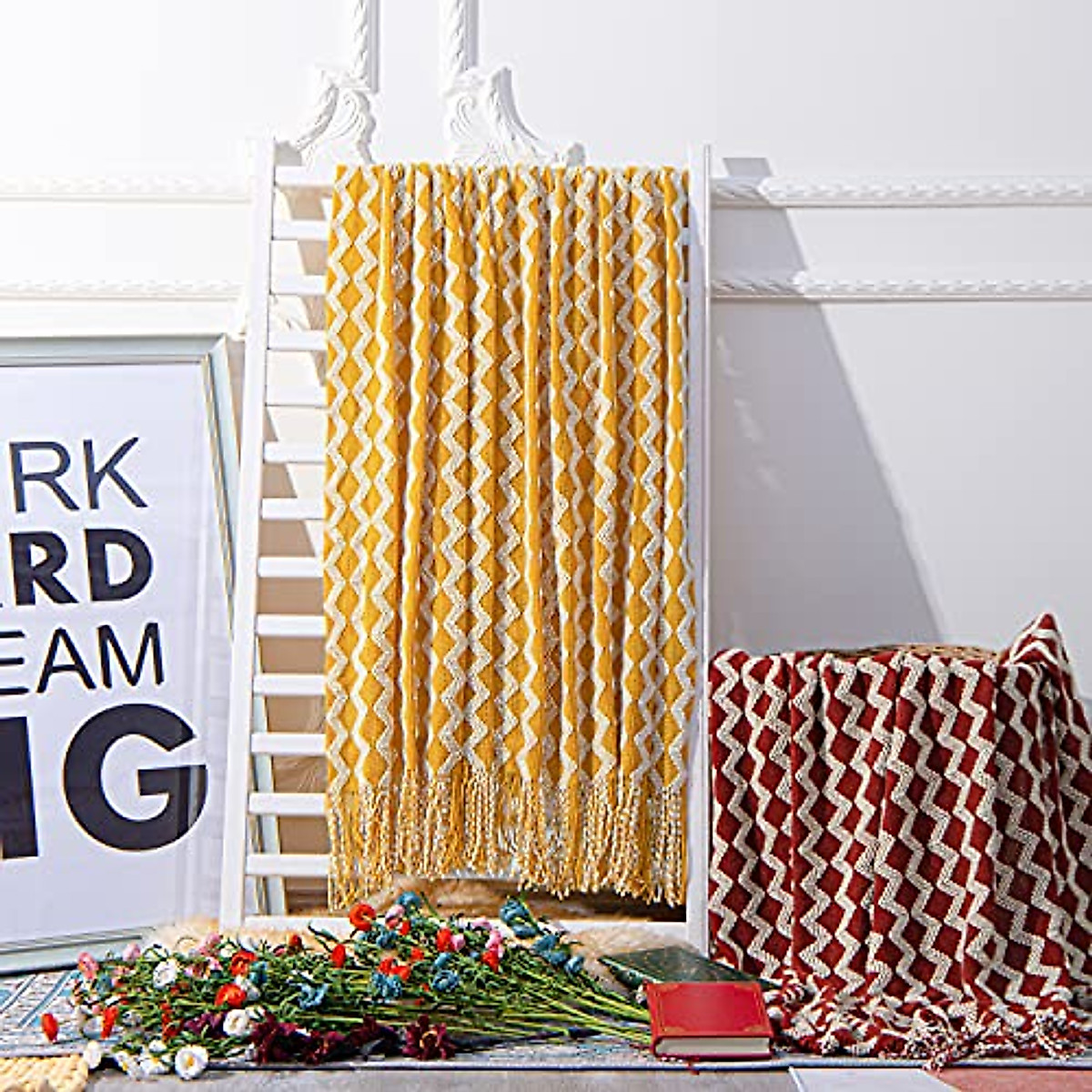 NTBAY Acrylic Knitted Throw Blanket, Lightweight and Soft Cozy Decorative Woven Blanket with Tassels for Travel, Couch, Bed, Sofa, 51x67 Inches, Mustard Yellow Wave