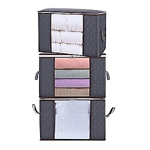 3 Pack Large Capacity Foldable Clothes Storage Bags, Storage Bins Closet Organizers with Clear Window, Sturdy Zipper, Reinforced Handle, Thick Fabric for Clothing, Comforters, Blankets, ( 90L , Grey)
