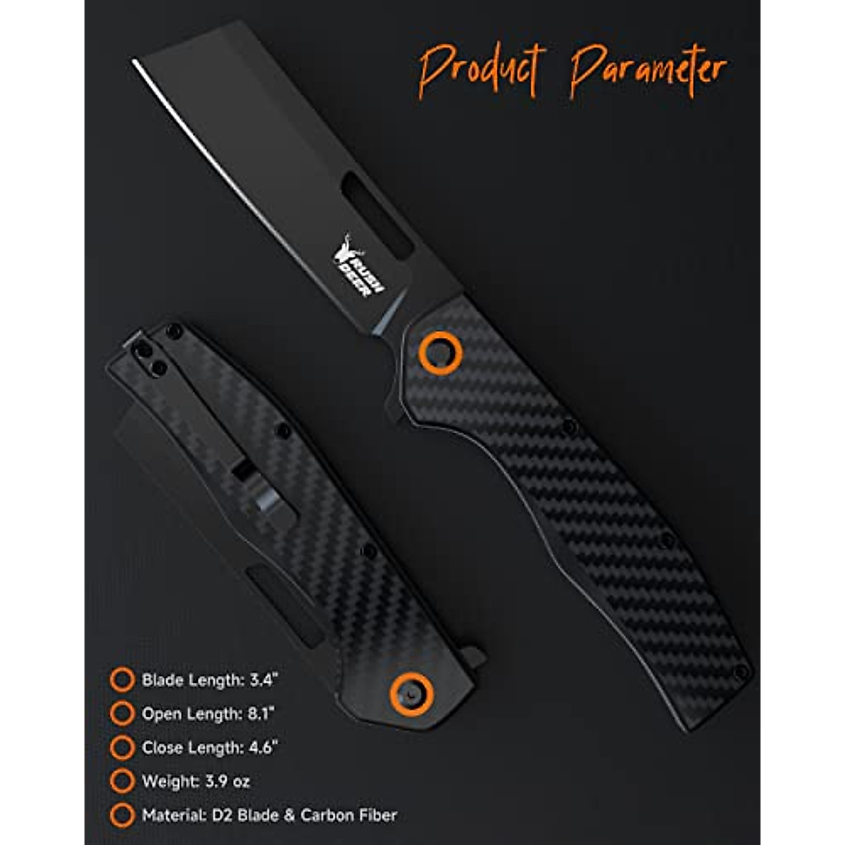 Rush Deer D2 Steel Blade Pocket Knife,Folding Knife with Clip & Carbon Fiber Handle,EDC Knife Utility Knife for Hiking Camping Fishing Work Outdoor Etc.Unique Gifts for Men Women Dad Husband Boyfriend