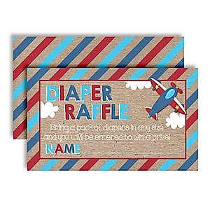 Flying By Airplane Themed Diaper Raffle Tickets for Boy Baby Showers, 20 2" X 3” Double Sided Insert Cards for Games by AmandaCreation, Bring a Pack of Diapers to Win Favors & Prizes!