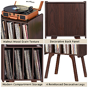 LELELINKY Record Player Stand, Walnut Vinyl Record Storage Table with 4 Cabinet Up to 100 Albums,Mid-Century Modern Turntable Stand with Wood Legs,Vinyl Holder Display Shelf for Bedroom Living Room