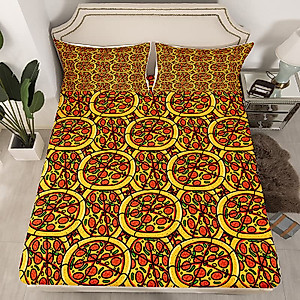 Pizza Bed Sheet Set Kids Chocolate Doughnut Fitted Sheet Decor Whimsical Dessert Bedding Set Abstract Desserts Food Orange Red Bedspread Cover Bedroom Queen Size