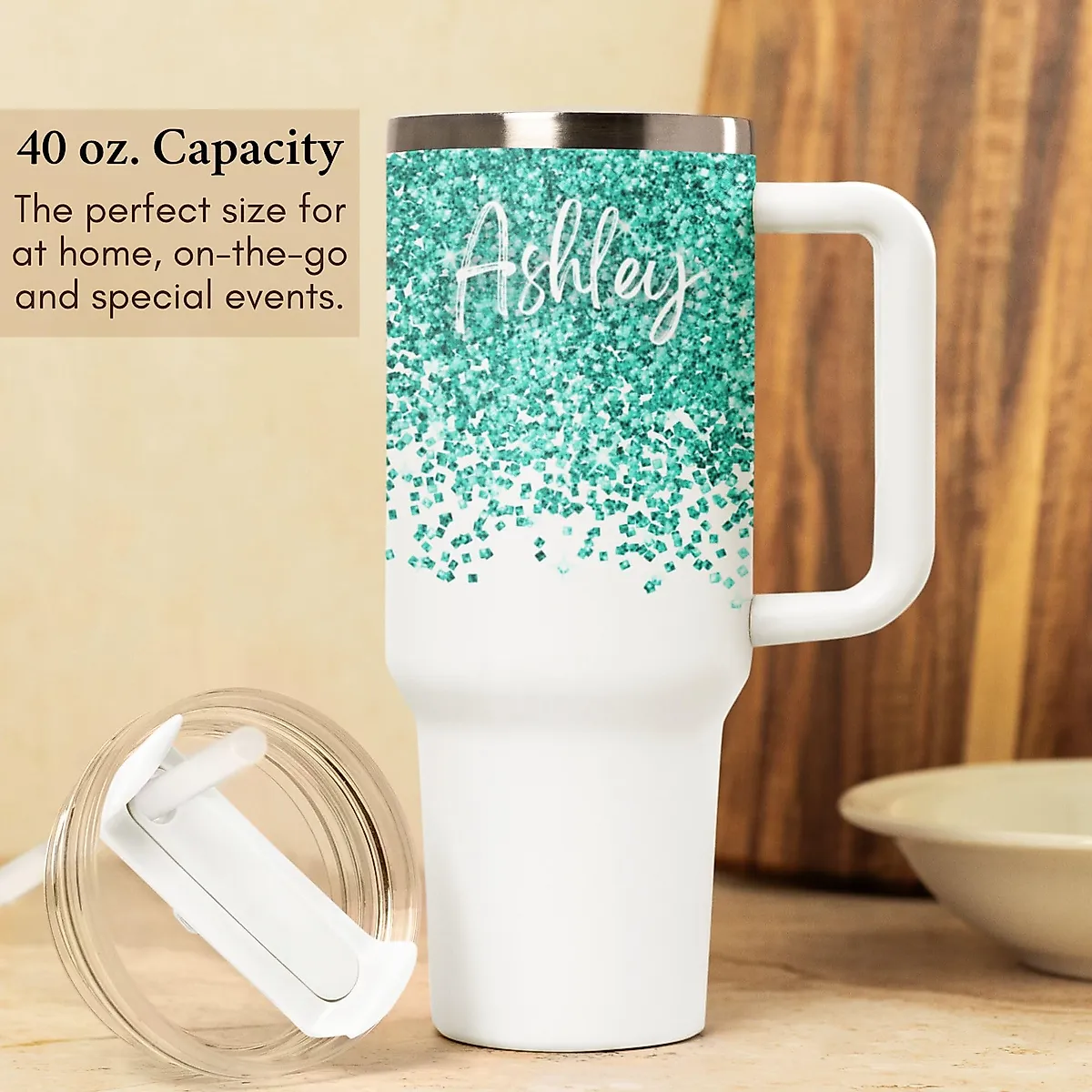 Personalized 40 oz Tumbler With Handle And Straw Lid Glitter - Dishwasher Safe Stainless Steel Insulated Travel Mug - Custom Name Tumbler Gift For Women Mom Friend Teacher Nurse Her Birthday Christmas
