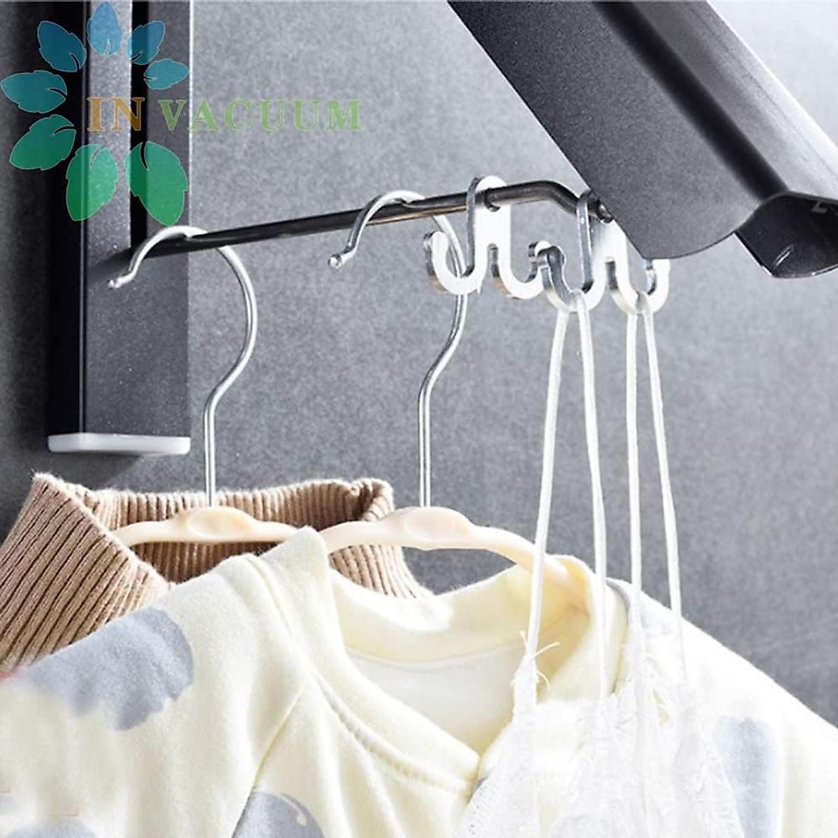 Laundry Drying Rack, Wall Mounted Retractable Clothes Hanger, Aluminium Home Storage Organization Space Savers for Home(2 Racks with Rod,Black)