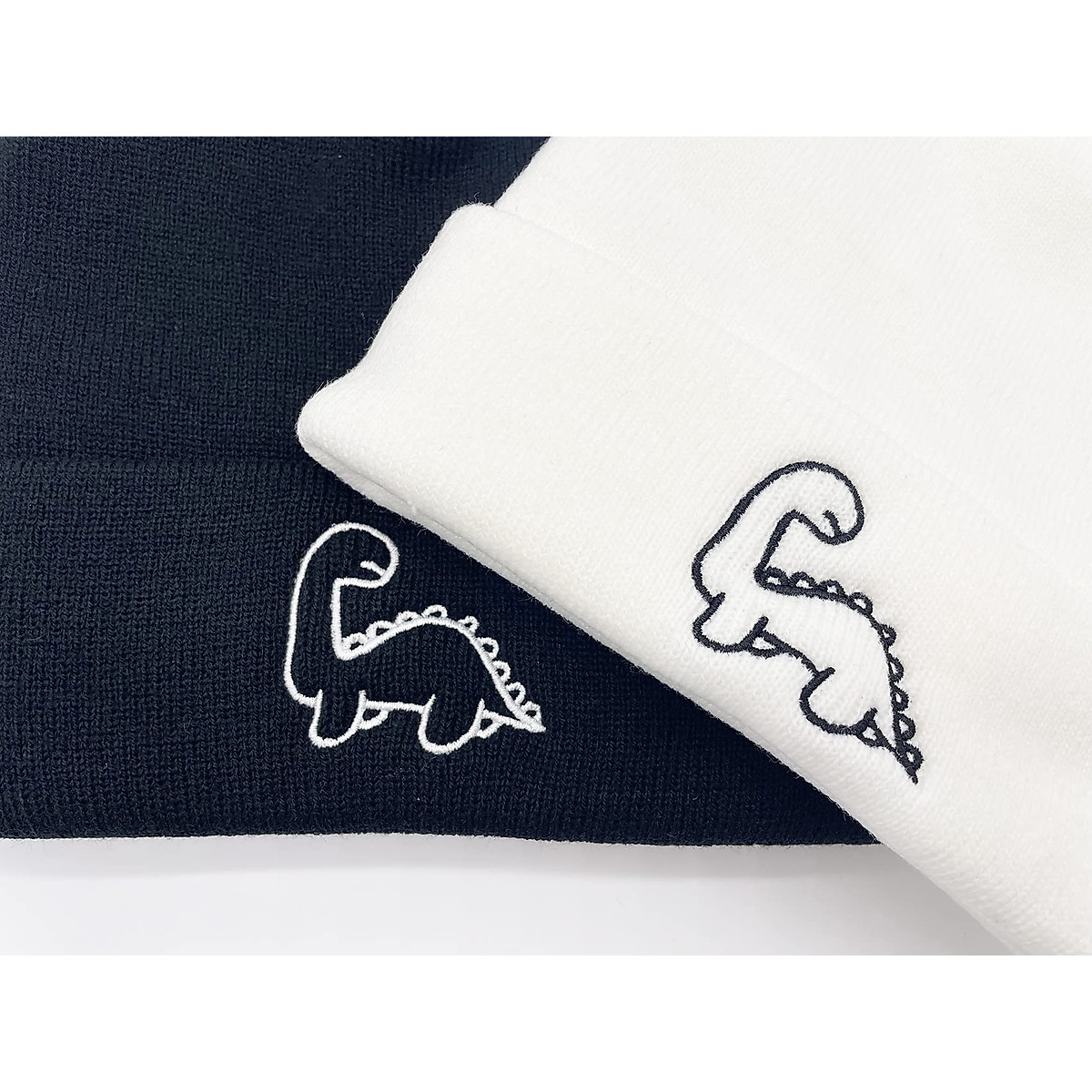 CZEVIP Dinosaur Funny Beanie Hat 2 Pack Warm Knit Winter Hat Black White Mens Ski Hat Snow Cap Beanies Slouchy Beanies for Men Women