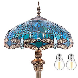 WERFACTORY Tiffany Floor Lamp Dragonfly Green Stained Glass Standing Reading Light 16X16X64 Inches Antique Pole Corner Lamp Decor Bedroom Living Room Home Office S622 Series