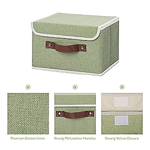 ANMINY Storage Bin with Lid Storage Boxes with PU Leather Handles PP Plastic Board Decorative Foldable Lidded Cotton Linen Fabric Home Cubes Baskets Closet Organizer Container - Green, Small Size