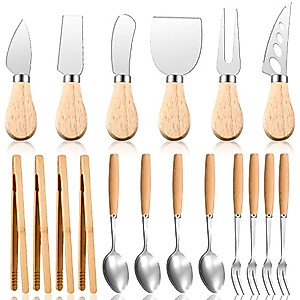 18 Pcs Charcuterie Accessories, Cheese Spreader Knive Set Cheese Butter Spreader Knife Wooden Charcuterie Utensils Wooden Handles Mini Serving Tongs Spoons Forks for Party Wedding Christmas