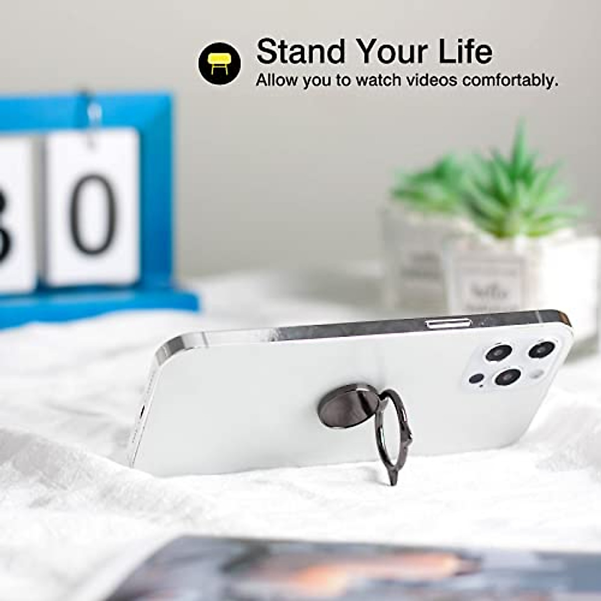 [2 Pack] Cat Ears Glossy FinishCell Phone Ring Holder Stand, 360 Degree Rotation Finger Ring Kickstand with Polished Metal Phone Grip for Magnetic Car Mount, Smartphone Accessories（Black）