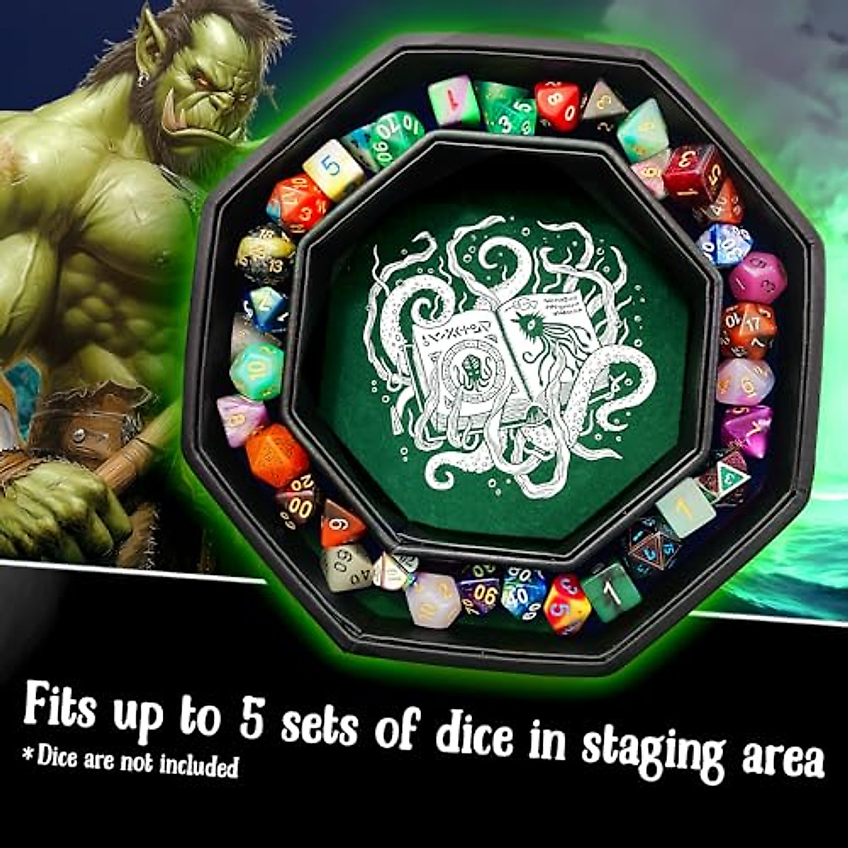 Fantasydice-Cthulhu Tome-Green - Dice Tray - 9" Octagon with Lid and Dice Staging Area- Holds 5 Sets(7 Dice Set/Standard) for All Tabletop RPGs Like D&D, Call of Cthulhu, Shadowrun.