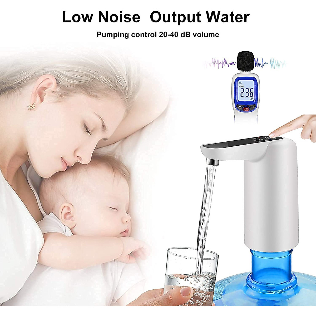 Vshinic Water Bottle Dispenser, Water Bottle Pump for 5 Gallon Bottle with TDS Water Quality Tester, USB Charging Automatic Drinking Water Jug Pump for Home,Office, Camping ect (White)