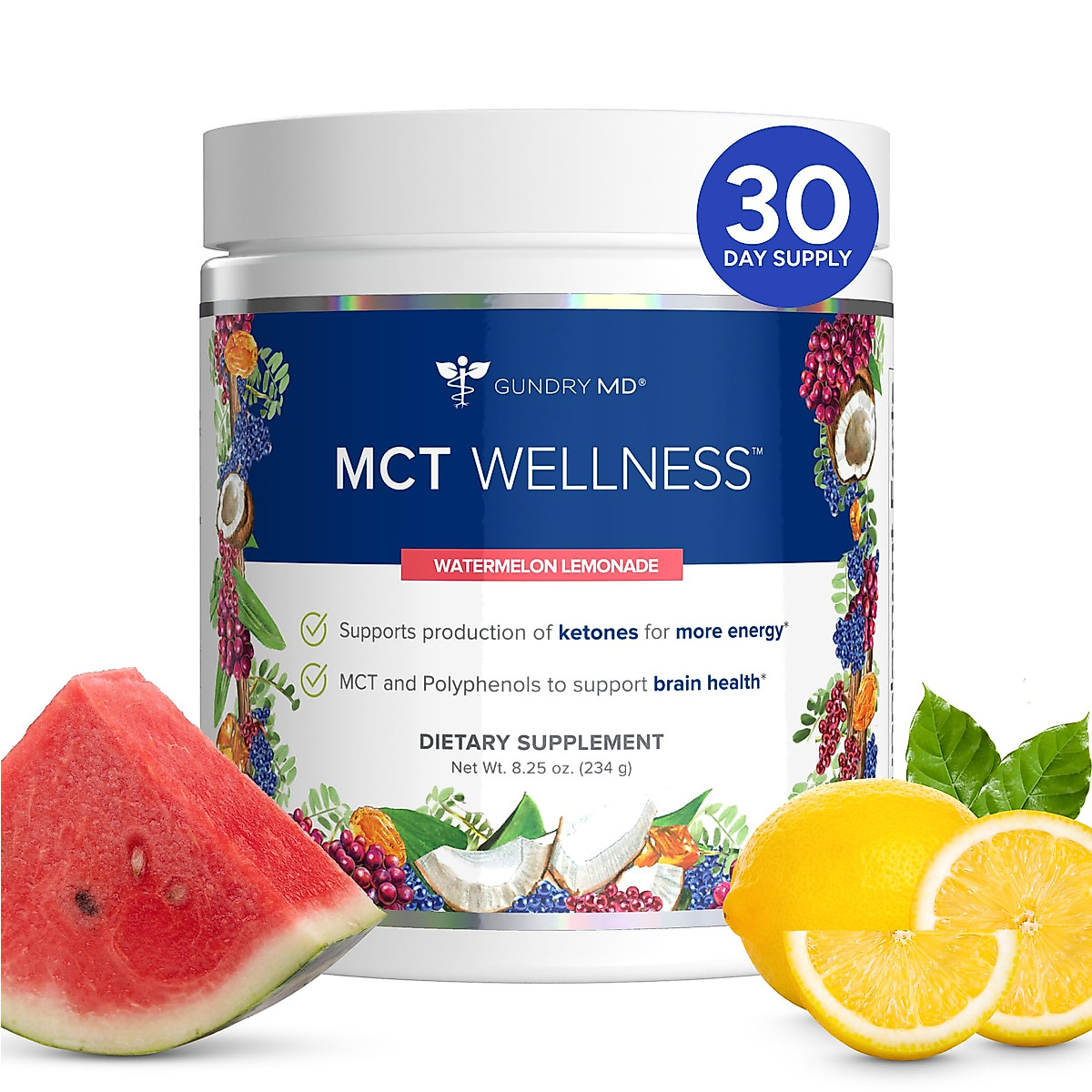 Gundry MD MCT Wellness Powder to Support Energy, Ketone Production and Brain Health, Keto Friendly, Sugar Free (30 Servings) (Watermelon Lemonade)