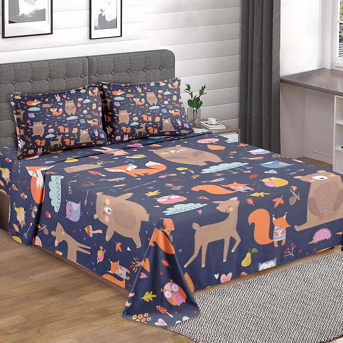 Pinbeam 4 Pcs Fitted Sheet Set Queen Size with 16" Deep Pocket, Animal Cute Autumn Bedding Set with Pillowcases for Kids and Adults, Bear Woodland Rabbit Flat Bed Sheet Set