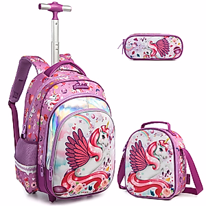 Egchescebo Kids Rolling Unicorn Backpack for Girls Kids Luggage Kids Suitcase With Wheels Trolley Wheeled Backpacks for Girls Travel Bags 17” 3PCS Backpack With Lunch Box Red School Bags Purple