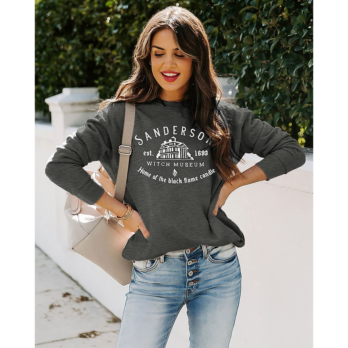 FASHGL Sanderson Witch Museum Sweatshirt Womens Halloween Pullover Shirt Casual Lightweight Long Sleeve Shirt Gray