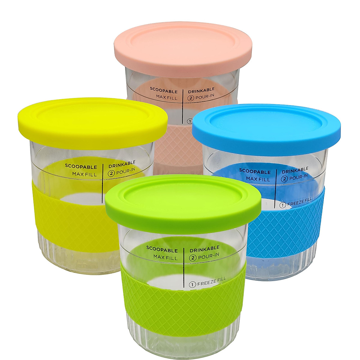 KUCHZUBE Replacement Pints Containers with Sleeve Compatible for Ninja Creami Deluxe NC501, NC500 Series - Silicone Lids - BPA-Free (24OZ, 4 Pack - Blue, Pink, Green, Yellow)