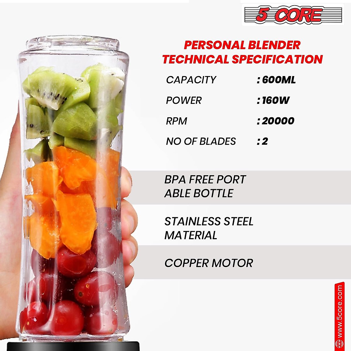 Generic 5 Core Smoothie Blender Personal Blender for Shakes and Smoothies 300W Powerful Food Processor with 20oz Portable Sports Bottle Single Blend Easy To Clean BPA Free 5C 421