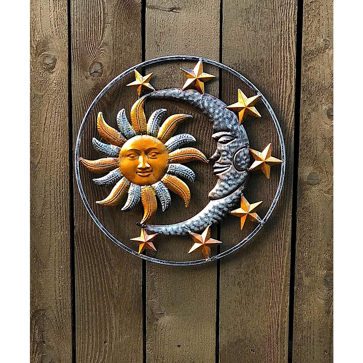 Large Metal Sun Moon Star Wall Art Sculpture Decor for Indoor Outdoor (17" Diameter)