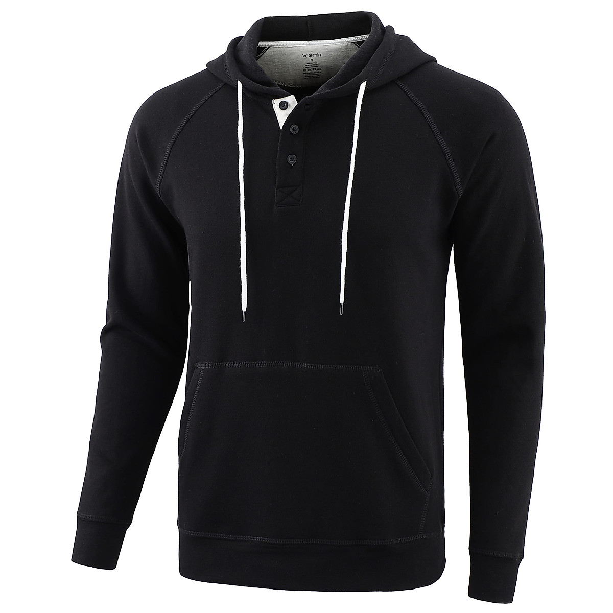 Vetemin Men's Casual Athletic Midweight Comfy Soft Fleece Active Sports Pullover Henley Hoodie Sweatshirt Black/H.Oatmeal L