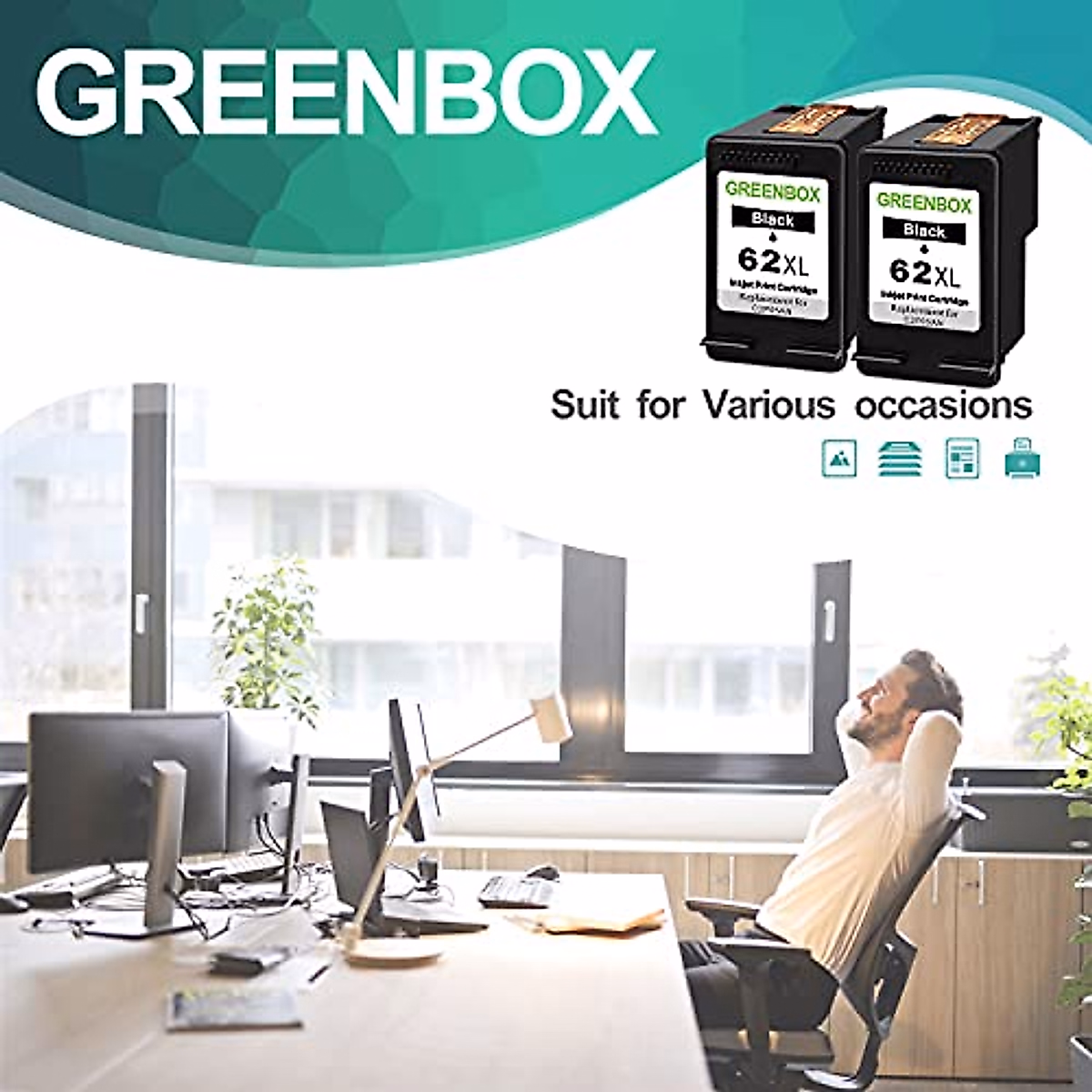 GREENBOX Remanufactured Ink Cartridge 62 Replacement for HP 62XL 62 XL for HP Envy 7640 5660 5540 5640 5642 7645 5549 Officejet 5740 5741 8040 OfficeJet 200 250 Mobile Printer (2 Black)