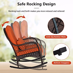 Tangkula Outdoor Wicker Rocking Chair, Patio Rattan Rocker with Seat Back Cushions & Waist Pillow, Sturdy Metal Frame, Mix Brown Outdoor Rocker for Balcony, Porch, Backyard (1, Orange)