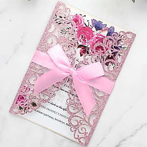 Mabbcoo 50Pcs Pink Glitter Wedding Invitations With Envelopes and RSVP Cards and Pink Ribbon Laser Cut Invitation Kits For Wedding Bridal Shower Quinceanera Invite