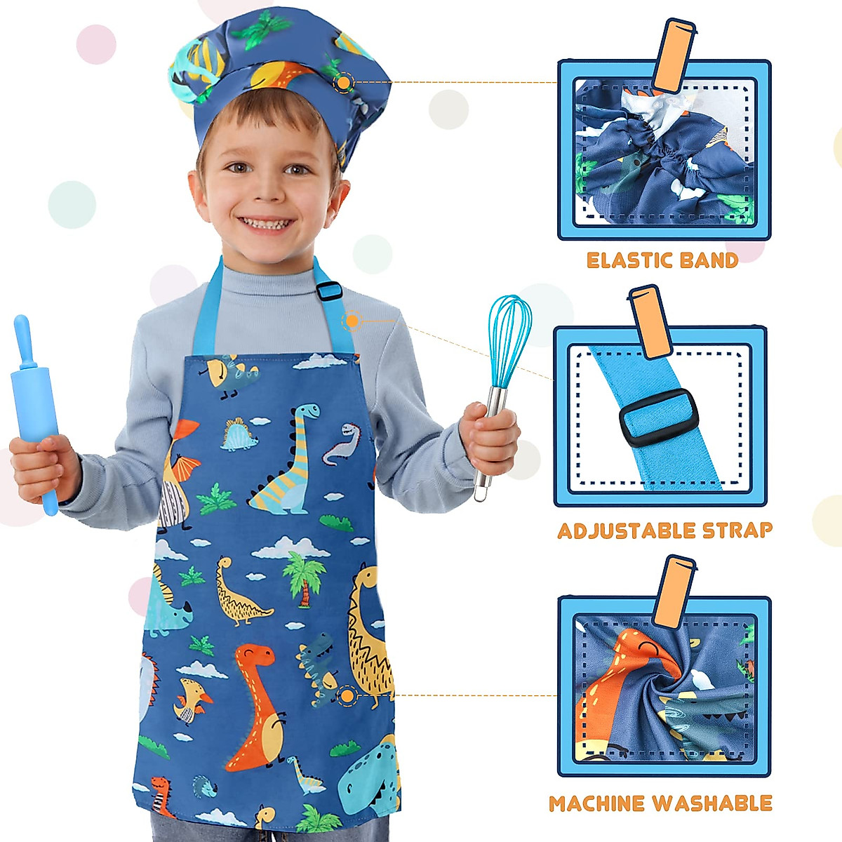 Aoskie Kids Baking Set with Dinosaur Apron and Chef Hat, Cooking Chef Set Baking Supplies Dress Up Role Play Toys Gift for 3-8 Years Old
