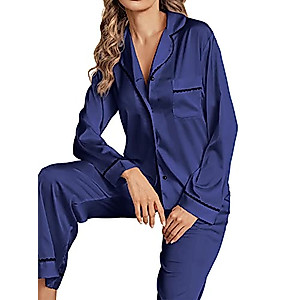 DUWMCON Button Up Pajama Set for Women Silk Satin Long Sleeve Top and Pajama Pants Sleepwear Soft Pjs Lounge Sets Navy Blue XL