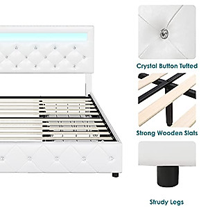 Keyluv Full Size Upholstered LED Bed Frame with 4 Storage Drawers and Adjustable Crystal Button Tufted Headboard, Platform Bed with Solid Wooden Slats Support, No Box Spring Needed, White